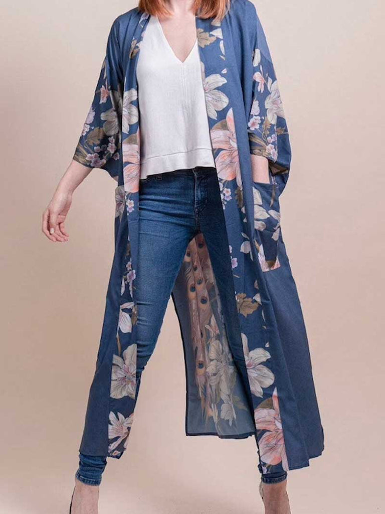 Partywear Kimono Floral Print Cotton Viscose Blue Lagoon Gown Robe Kim